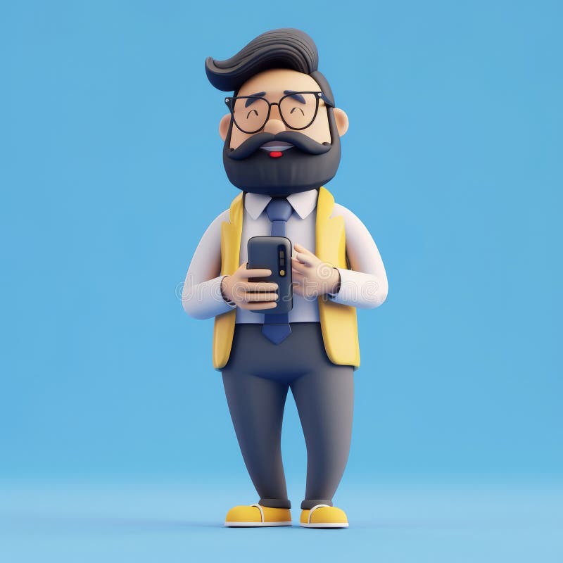 3D Style Cute Cartoon Character of a Trendy Businessman Using a Mobile ...