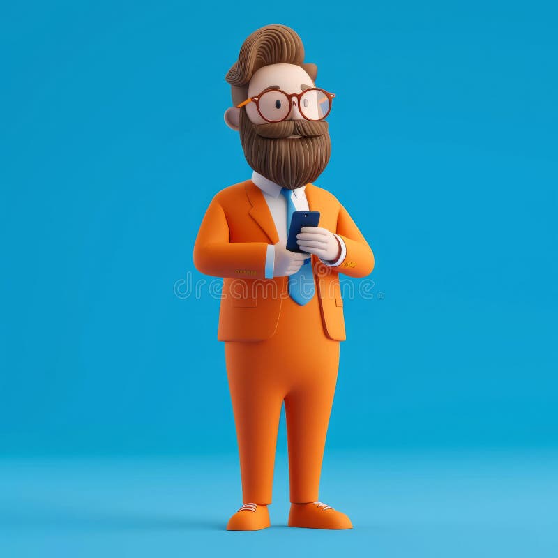 3D Style Cute Cartoon Character of a Trendy Businessman Using a Mobile ...