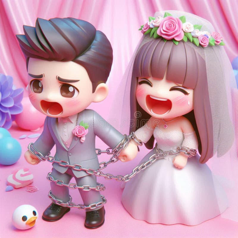 3d Style Scared Chained Groom Crying Bride Commitment Phobia Stock ...