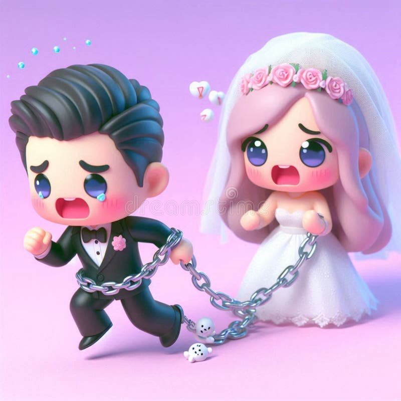 3d Style Scared Chained Groom Run Crying Bride Commitment Phobia Stock ...