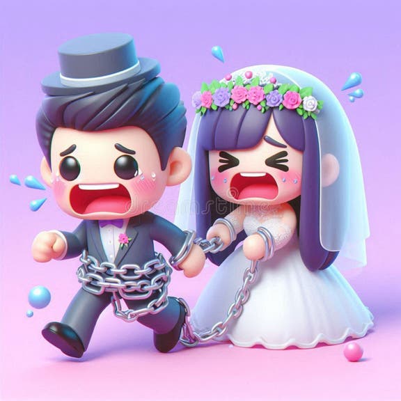 3d Style Scared Chained Groom Run Crying Bride Commitment Phobia Stock ...