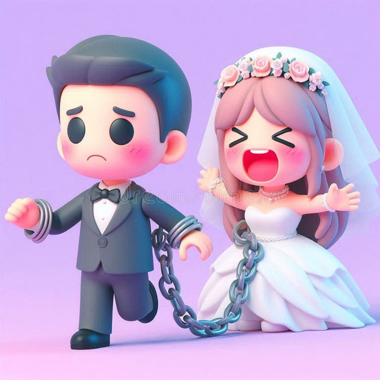 3d Style Scared Chained Groom Run Crying Bride Commitment Phobia Stock ...