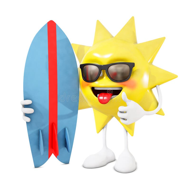 3D Sun Character with Surf Board Stock Illustration - Illustration of ...