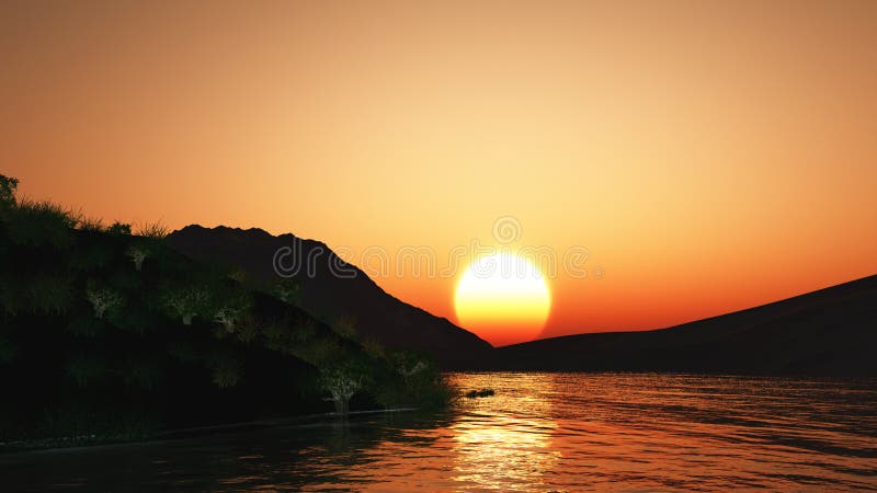 3D Sunset Landscape with Hills and Lake Stock Illustration ...