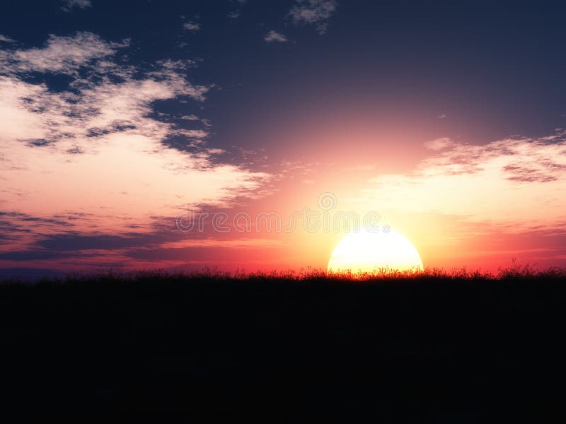 3D sunset landscape stock illustration. Illustration of silhouette ...