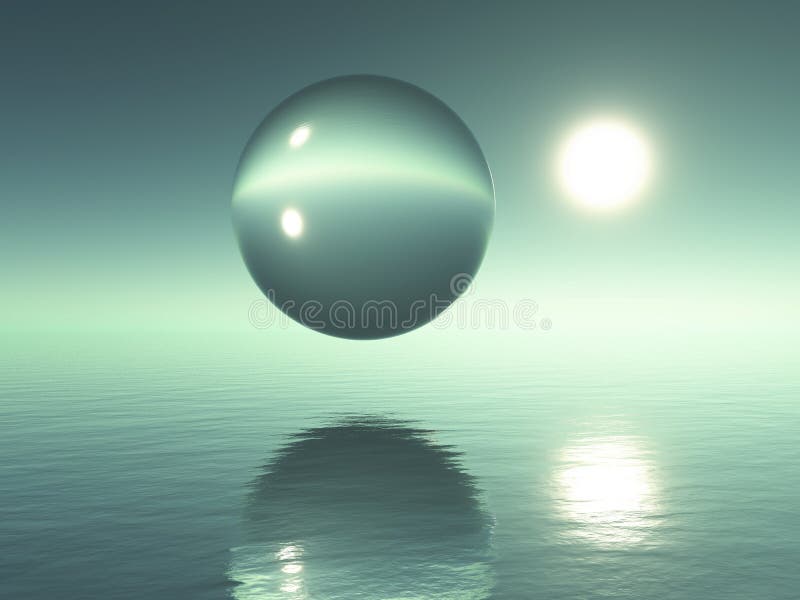 3D Surreal Landscape with Glass Sphere Floating Above the Ocean Stock ...