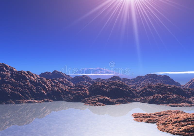 3D Surreal Landscape with Sun Rays Stock Illustration - Illustration of ...