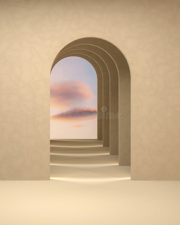 3d Surreal Render of an Empty Room with Archs and Pastel Toned Clouds ...