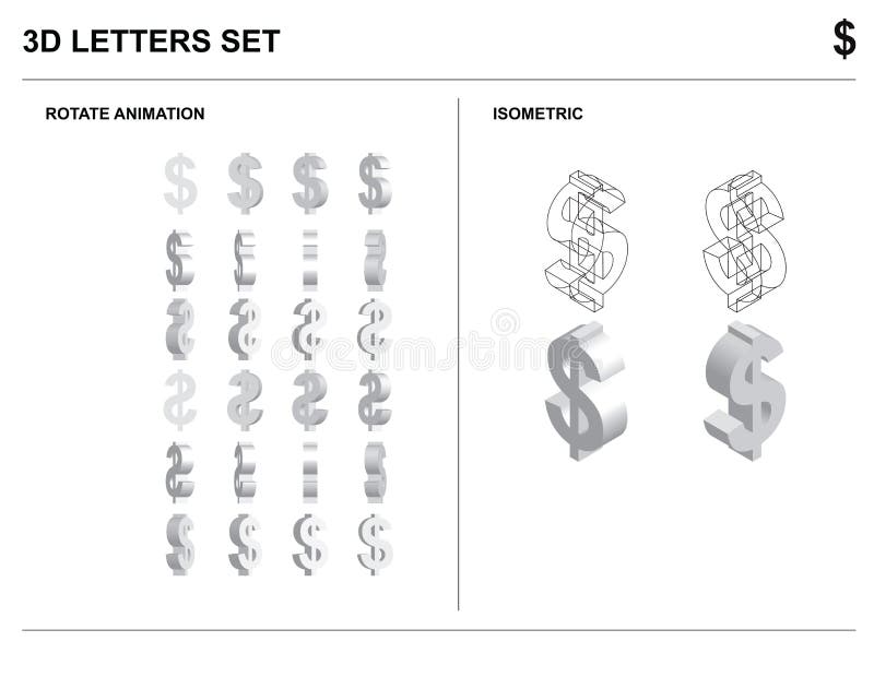 3d Dollar Sign Alphabet Letters Set Animate Isometric Wireframe Vector ...