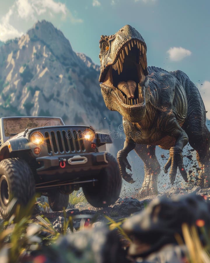 A 3D TRex Chasing a 3D Jeep Stock Illustration - Illustration of ...