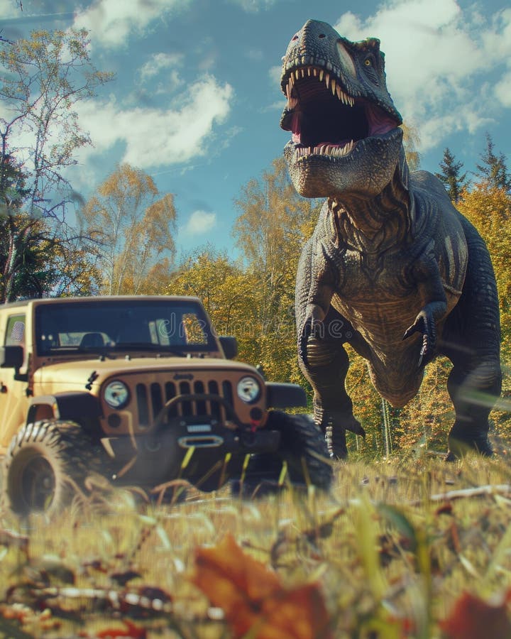 A 3D TRex Chasing a 3D Jeep Stock Illustration - Illustration of ...