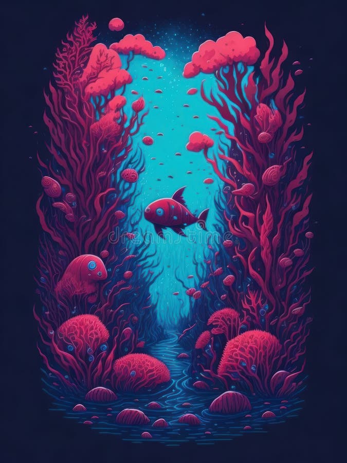 2D T-shirt Screen Design, Underwater World with Corals and Exotic Fish ...