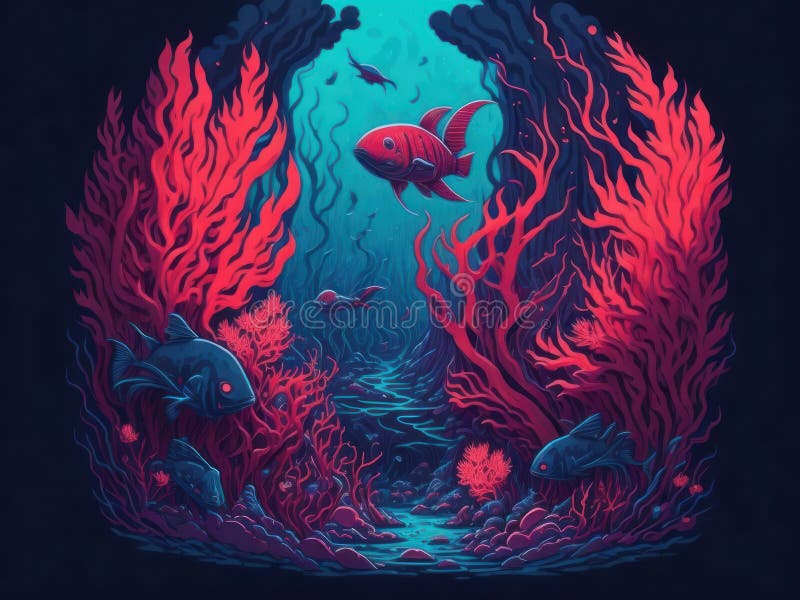 2D T-shirt Screen Design, Underwater World with Corals and Exotic Fish ...