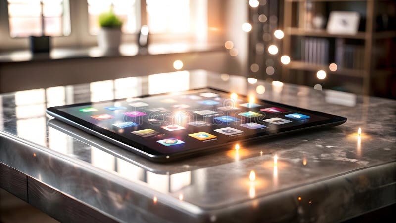 3D Tablet with Holographic Icons Concept As a Tablet Lying Flat on a ...