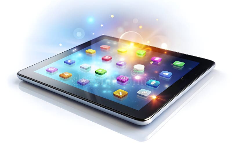 3D Tablet with Holographic Icons Concept As a Tablet Lying Flat on a ... 3D Tablet with Holographic Icons Concept As a Tablet Lying Flat on a ...