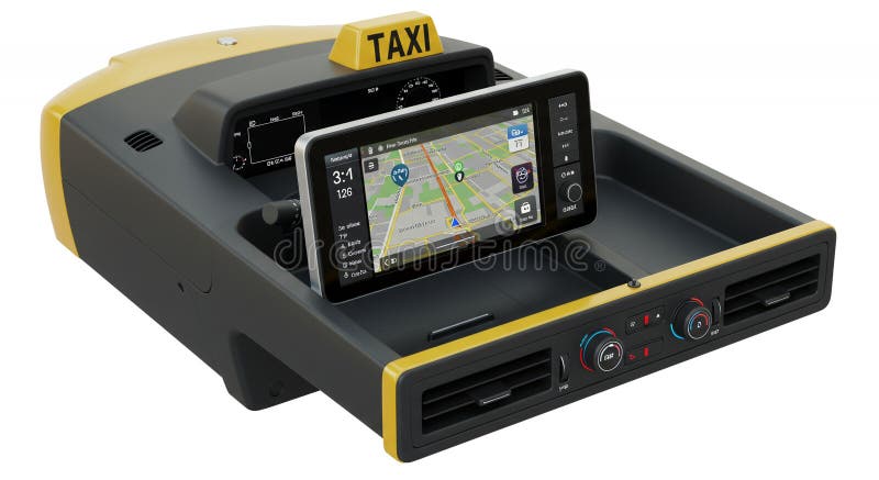 3D Taxi Interface with Navigation Map on Smartphone Displayed in White ...