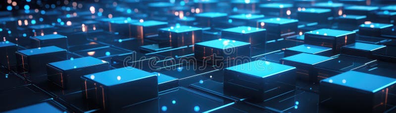 3D Tech Grid with Floating Elements, Blue Glow, Business-centric ...