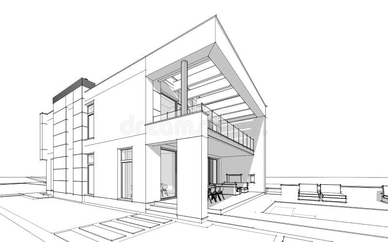 3d Teruggevende Schets Van Modern Comfortabel Huis Stock Illustratie ...