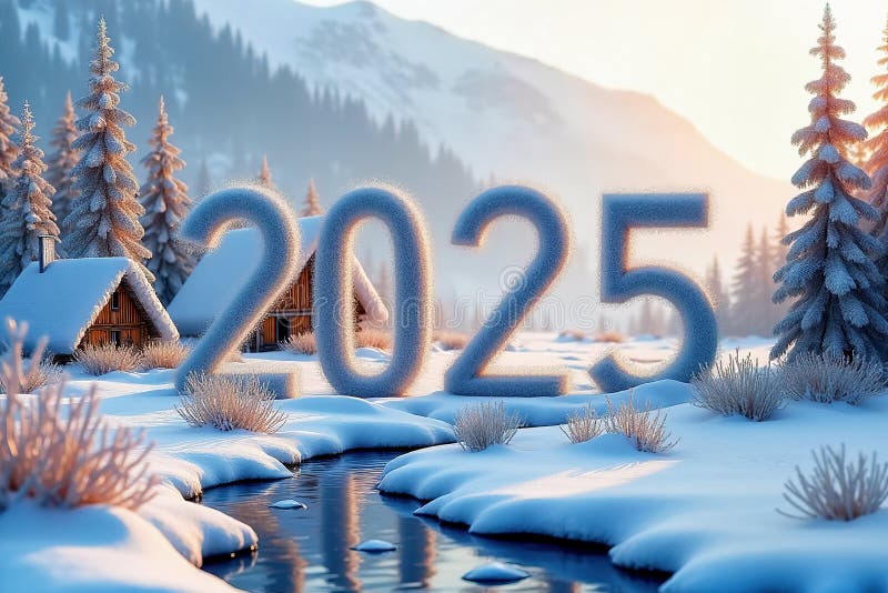 3D Text 2025 in a Cold, Beautiful Winter Landscape Stock Illustration ...