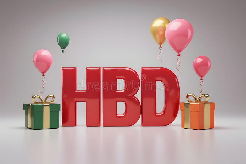 3D Text HBD with Gift Box and Balloons on White Stock Illustration ...