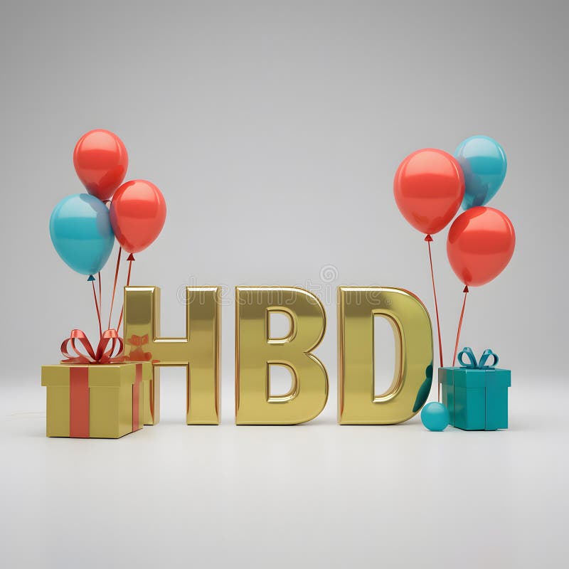 3D Text HBD with Gift Box and Balloons on White Stock Illustration ...