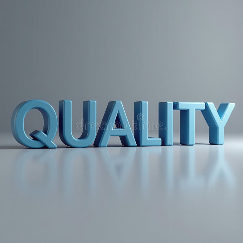 3D Text Spelling Quality in Blue on a Reflective Gray Surface. Stock ...