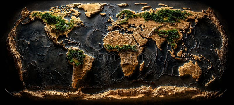 3D Textured World Map with Lush Greenery and Sandstone Relief Stock ...