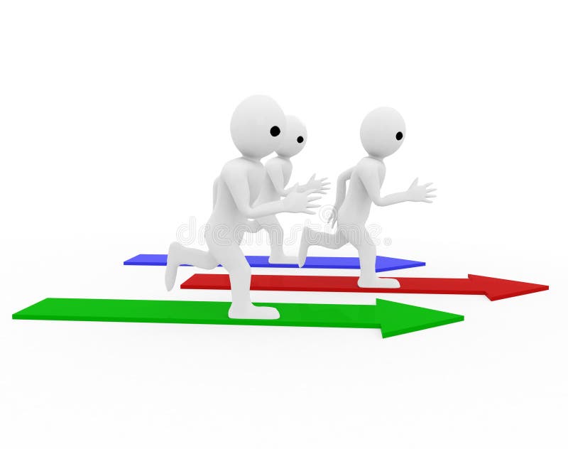 3d Three Men Runiing on Different Arrows in Race Illustration Stock ...