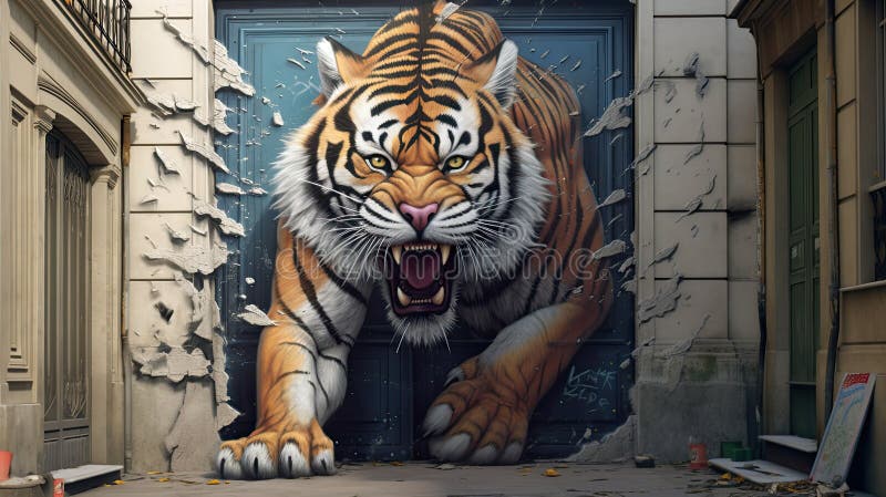 3D Tiger Mural Breaking through the Wall. Stock Illustration ...