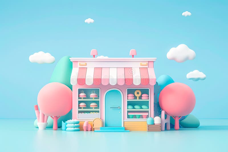 A 3D Tiny Colorful Store Front with a Pink Awning and Pink and Blue ...