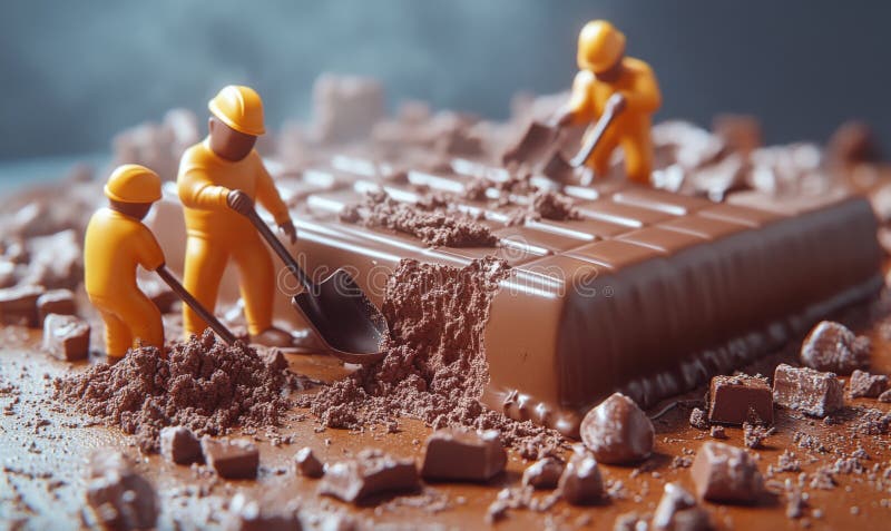 3D Tiny Construction Crew Using Shovels To Dig into a Large Chocolate ...