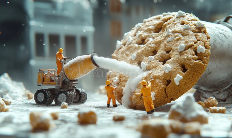 3D Tiny Workers Operating a Cement Mixer that Pouring Sugar Onto a ...