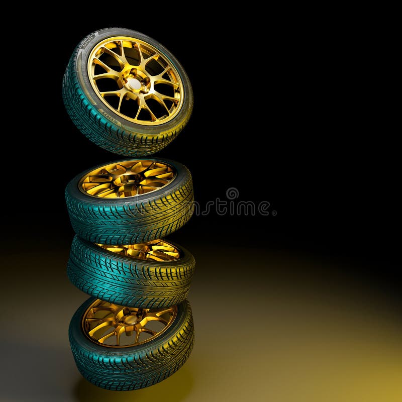 3d tires with golden rims stock illustration. Illustration of black ...