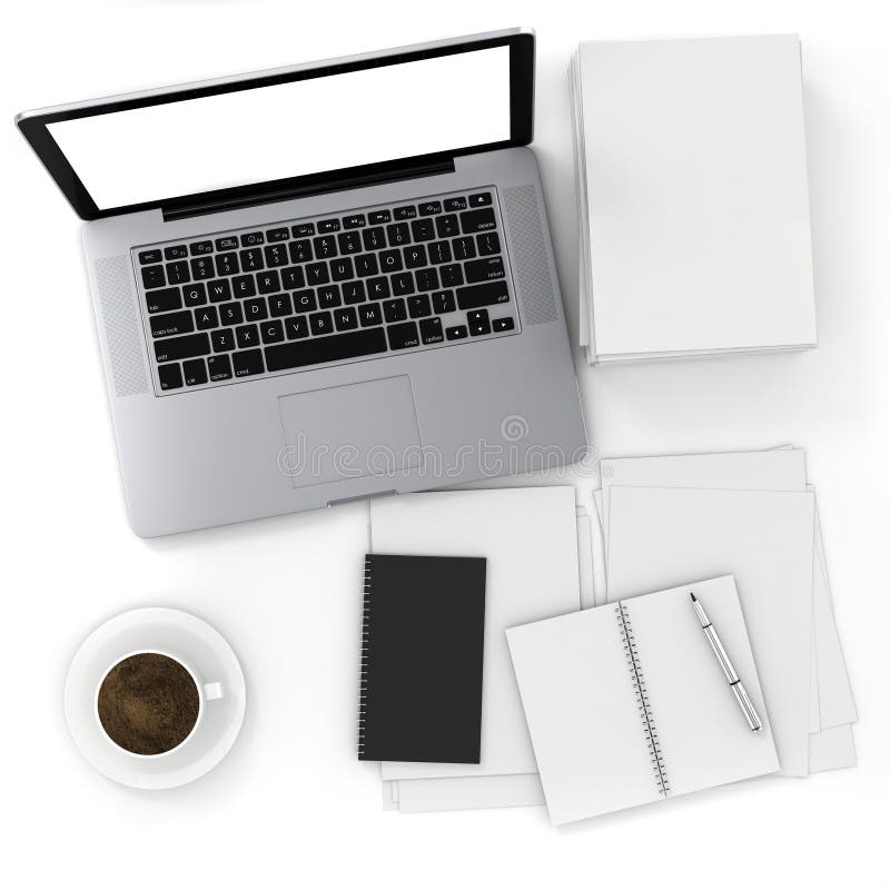3d Top View of an Office Desk with Laptop and Documents Stock ...