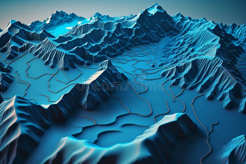 A 3D Topographic Map in Blue, Featuring an Abstract Geography Render ...