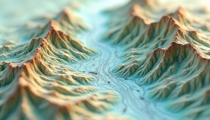 3D Topographic Map Illustration Detailing Mountains, Valleys, and Terrain with a River Flowing ...