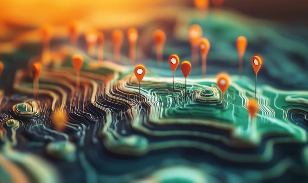 3D Topographic Map with Location Pins Representing Points of Interest ...