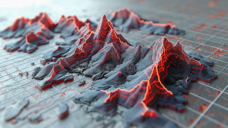 3D Topographical Map with Red Highlighted Ridges Stock Illustration ...