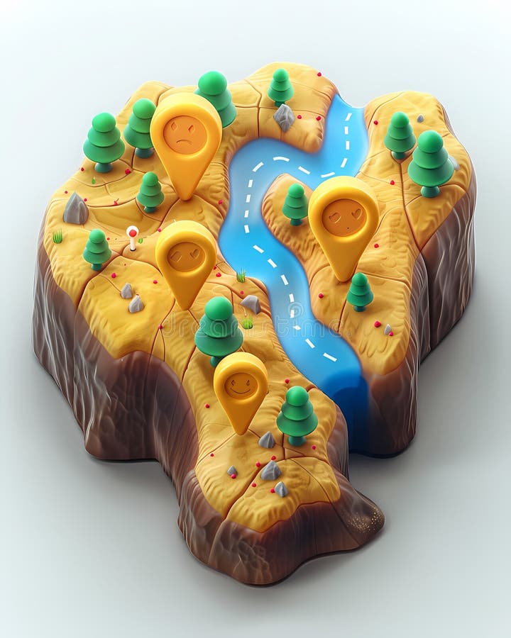 3D Topography Map with Tree and River Painting, High Quality, Vibrant ...