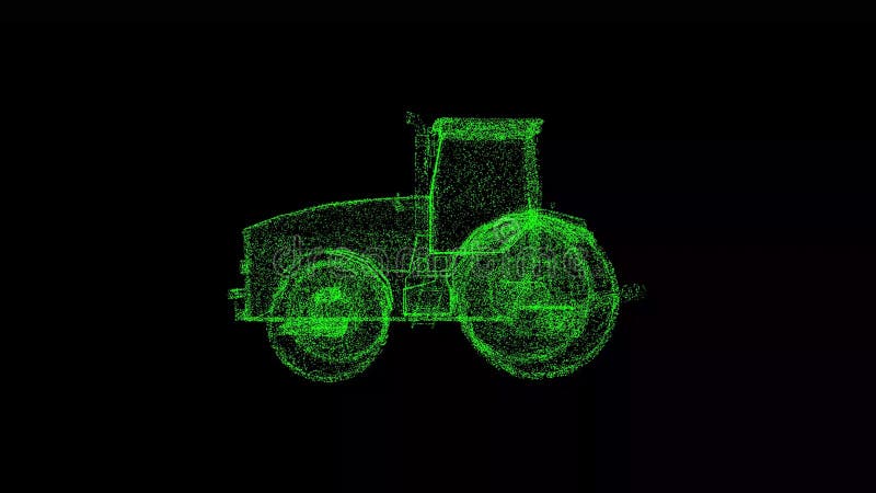 3D Tractor on Black Bg. Object Dissolved Green Flickering Particles ...