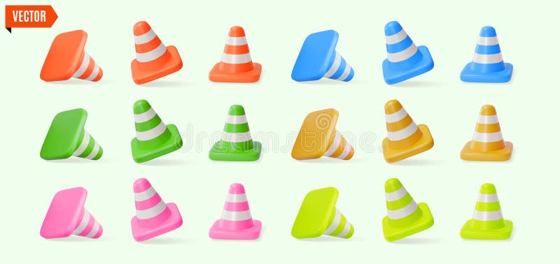 3d Traffic Rules Concept Different Color Plastic Cones Set Cartoon ...
