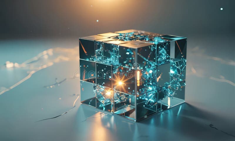 3D Transparent Cube with Reflective Surface, Illuminated by Warm Light ...