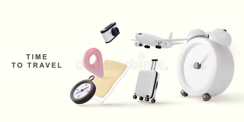 3d Travel Time Concept with Clock, Suitcase, Map, Airplane, Camera and ...