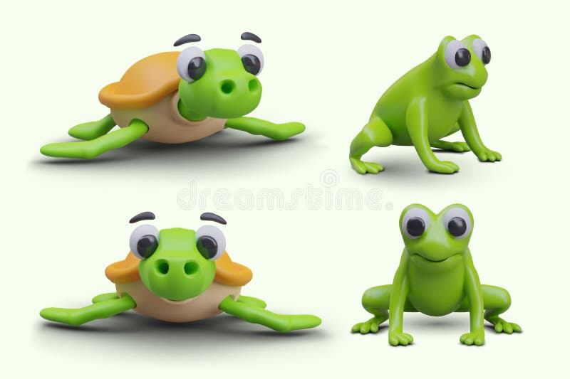 3D Turtle and Frog in Different Positions. Front and Side View Stock ...