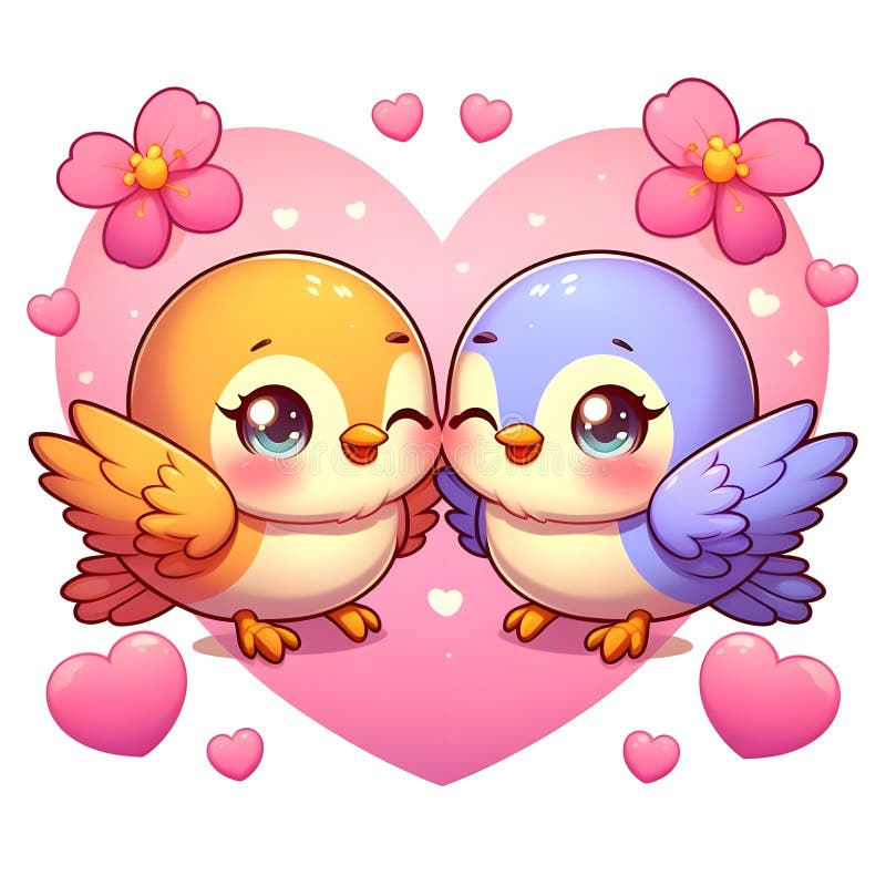 A 2D Two Cute Bird Lovers on Pink Hearts Stock Illustration ...