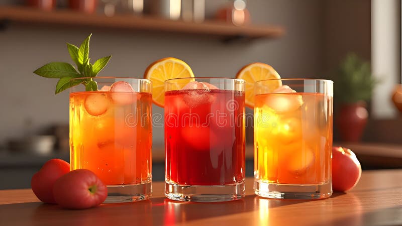3D Ultra Realistic Illustration of Three Fresh Drinks on a Table Stock ...