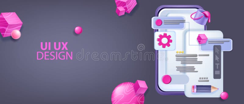 3D UX Design Banner, Smartphone Screen, Vector UI Web Page, Program ...
