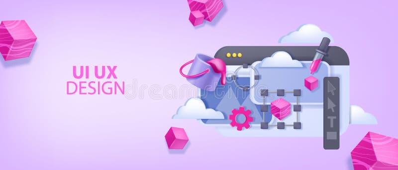 3D UX Design Banner, UI Web Page, Program Interface Concept, Cartoon Vector Window Software ...