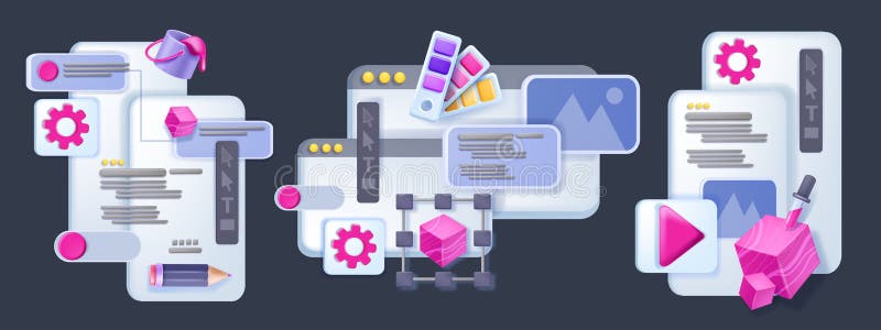 3D UX Design Set, Vector UI Web Icon Program Interface Concept, Cartoon ...