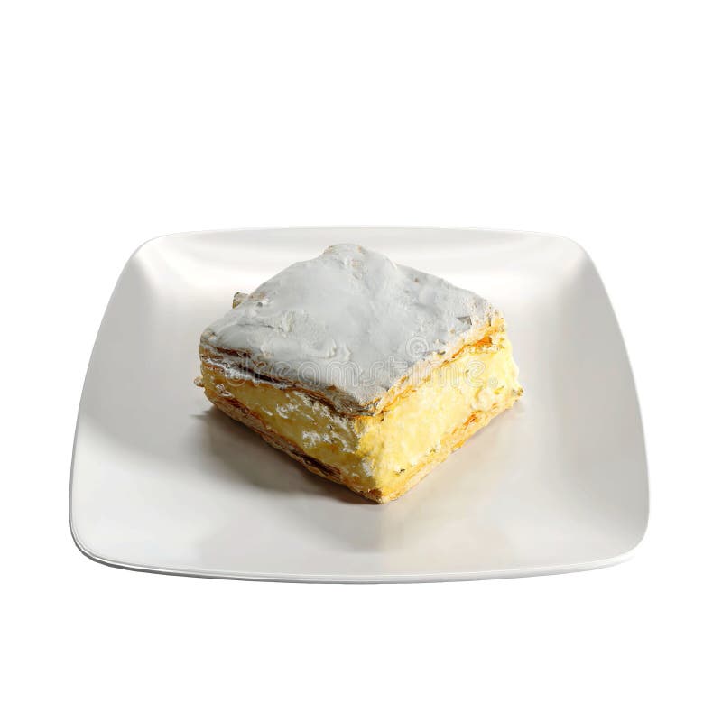 3d Vanilla Custard Slice on a Plate Isolated on a White Background ...